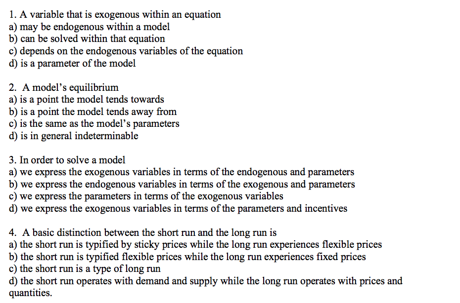 Solved 1. A variable that is exogenous within an equation a) | Chegg.com