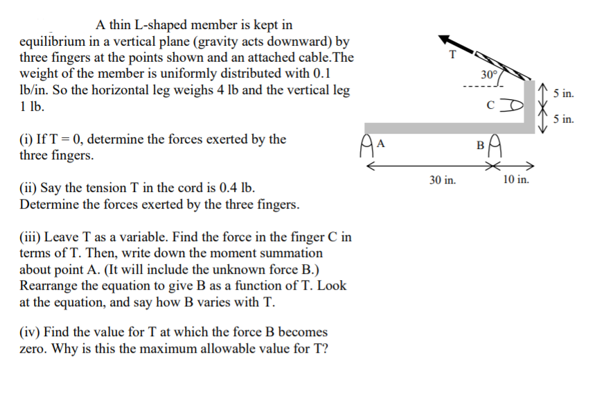 Solved T A thin L-shaped member is kept in equilibrium in a | Chegg.com