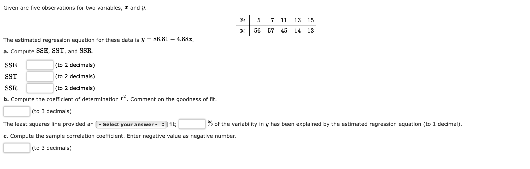 Solved Given are five observations for two variables, x and | Chegg.com