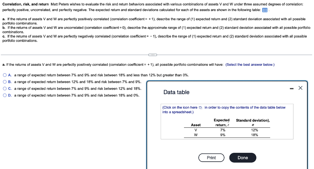Solved Correlation, risk, and return Matt Peters wishes to | Chegg.com