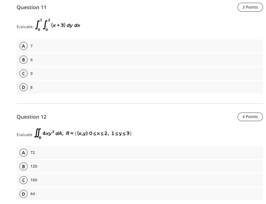 Solved Question 11 3 Points Evaluate: S'[*(x+3) dy dx A 7 B6 | Chegg.com