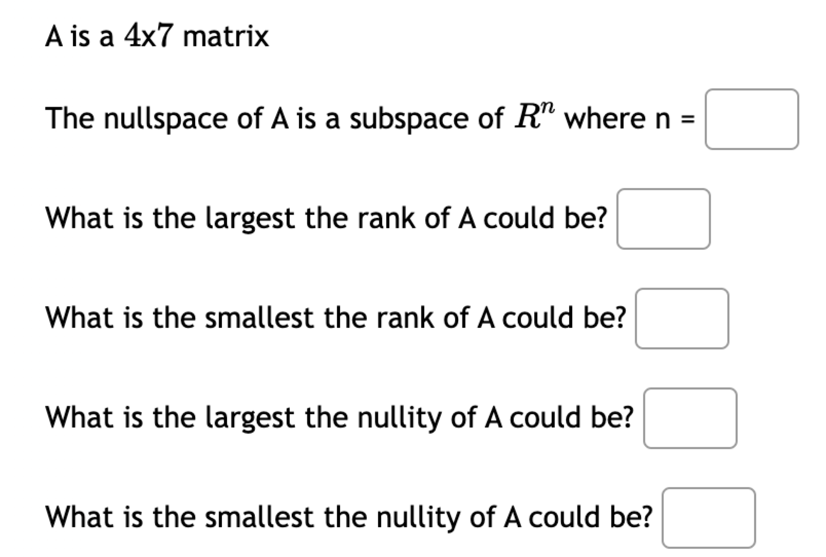 Solved A is a 4×7 matrix The nullspace of A is a subspace of | Chegg.com
