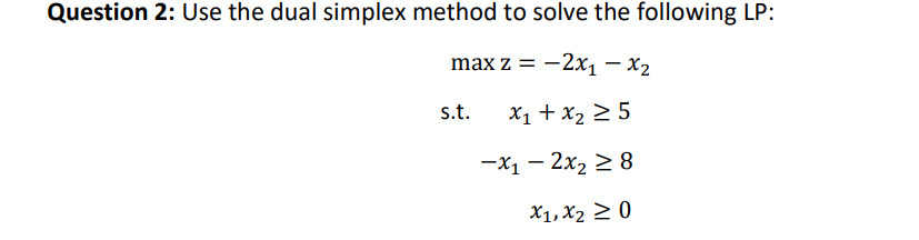 Solved Question 2: Use the dual simplex method to solve the | Chegg.com