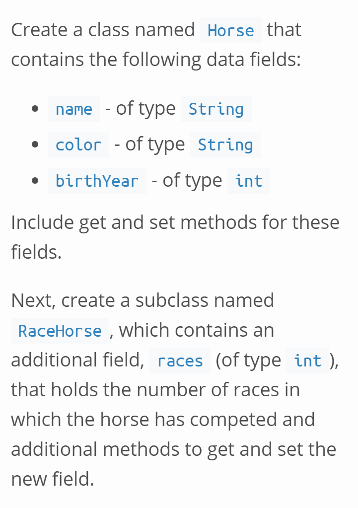 Solved Create a class named Horse that contains the | Chegg.com