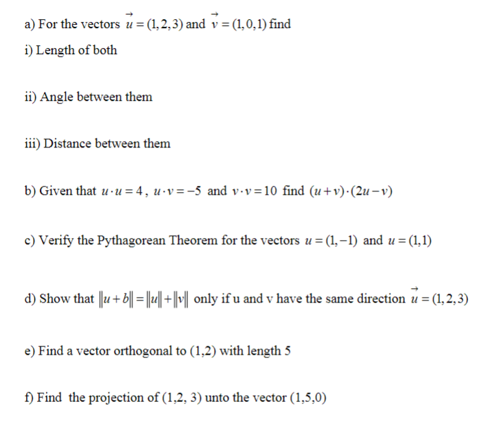 a) ﻿For the vectors (u)=(1,2,3) ﻿and (v)=(1,0,1) | Chegg.com