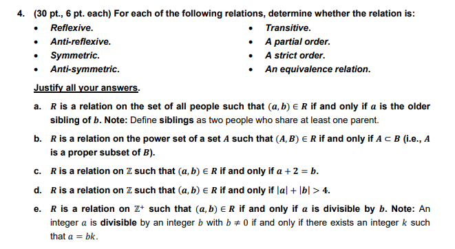 Solved 4. (30 pt., 6 pt. each) For each of the following | Chegg.com