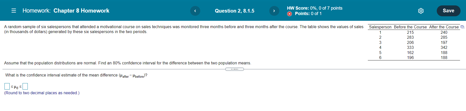 Solved = Homework: Chapter 8 Homework Question 2, 8.1.5 HW | Chegg.com