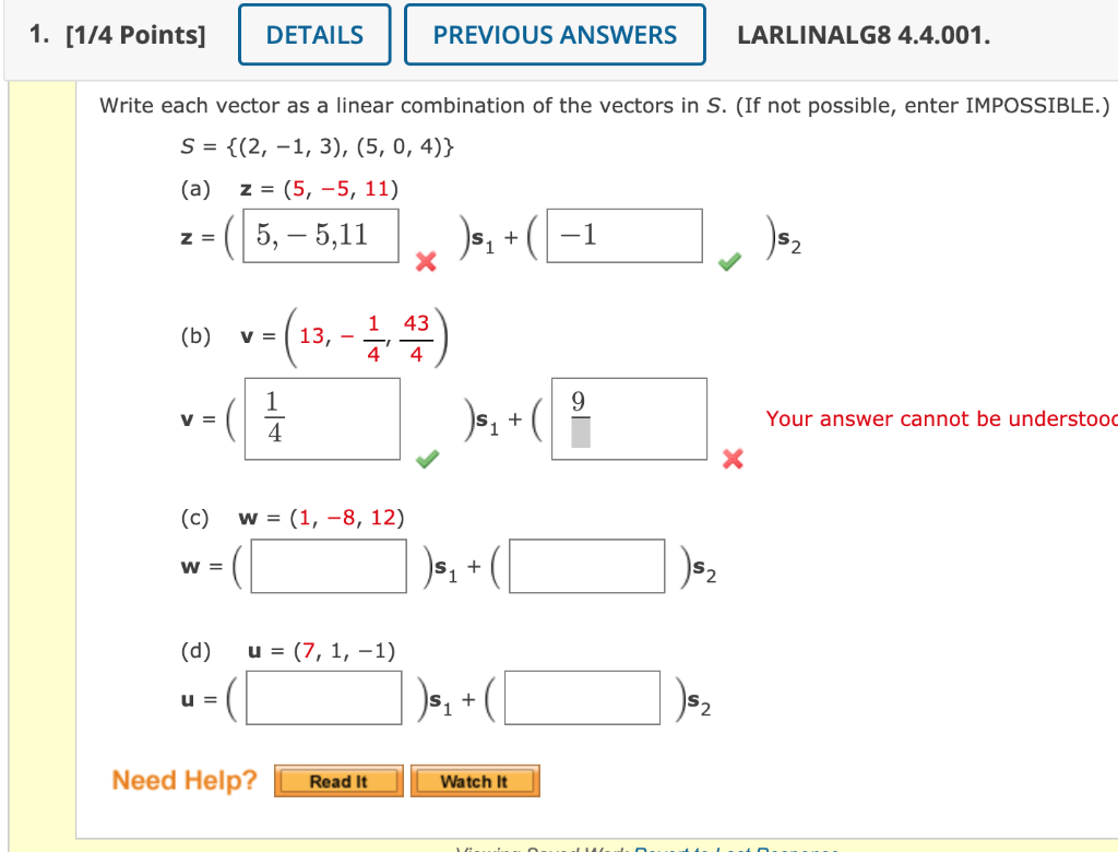 Solved 1. [1/4 Points] DETAILS PREVIOUS ANSWERS LARLINALG8 | Chegg.com