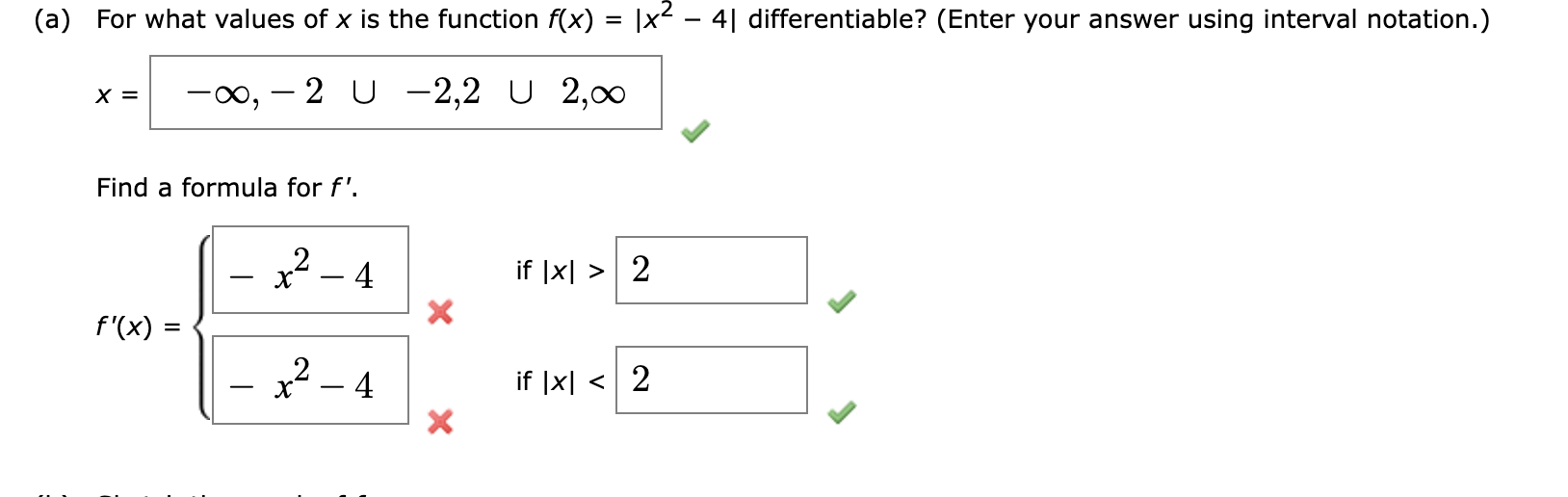 Solved For what values of x is the function f(x) = |x2 − 4| | Chegg.com