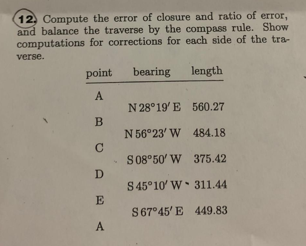 Solved 12 Compute The Error Of Closure And Ratio Of Error 