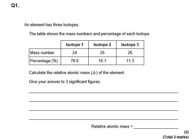 Solved An element has three isotopes. The table shows the | Chegg.com