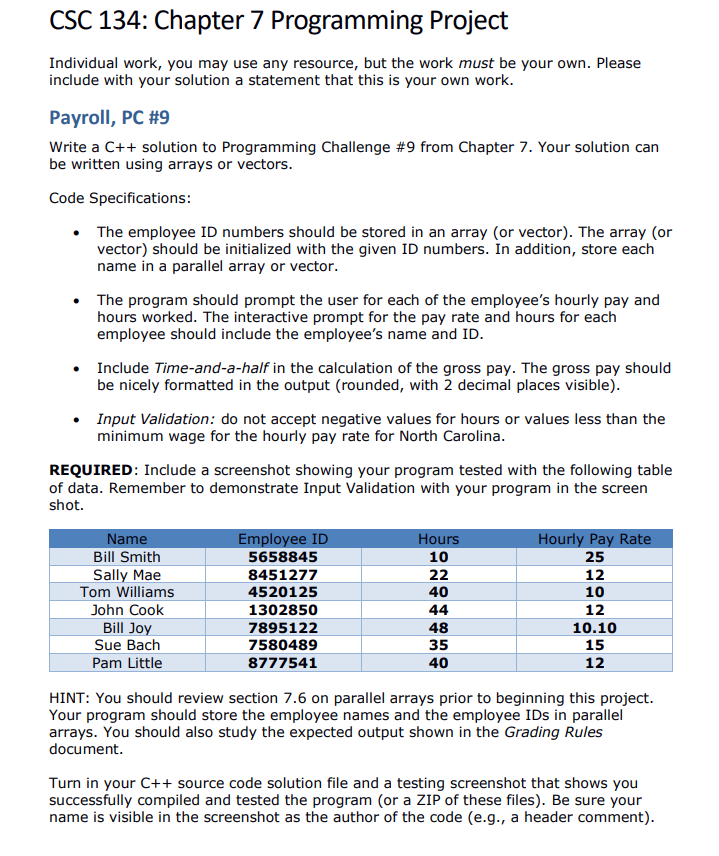 Solved CSC 134: Chapter 7 ﻿Programming ProjectIndividual | Chegg.com