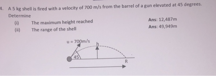 Solved 4. A 5 kg shell is fired with a velocity of 700 m/s | Chegg.com