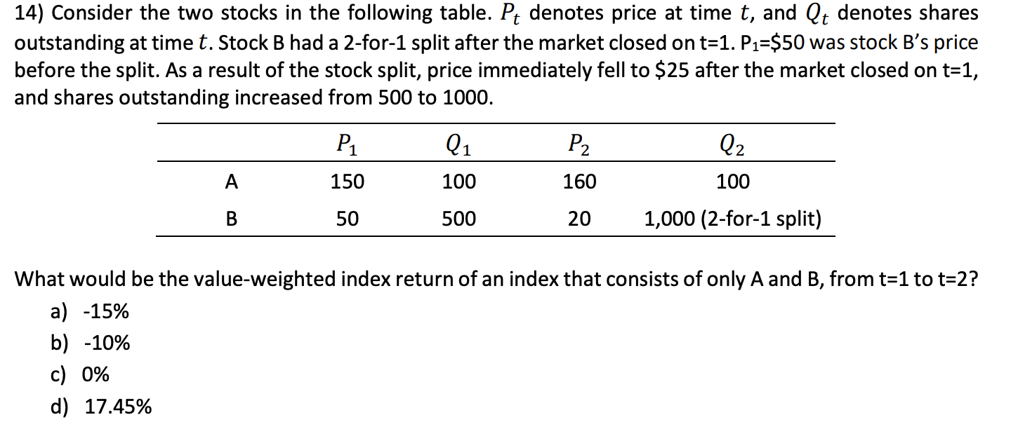 Solved 14) Consider the two stocks in the following table. | Chegg.com
