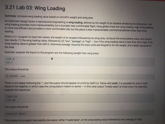 Solved 3.21 Lab 03: Wing Loading Summary compute wing | Chegg.com