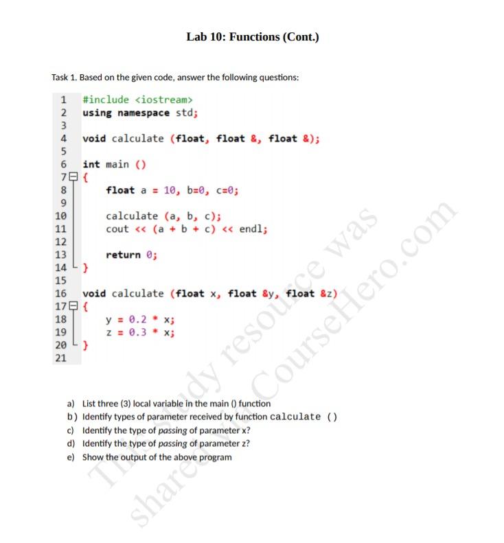 Solved Lab 10: Functions (Cont.) Task 1. Based on the given | Chegg.com