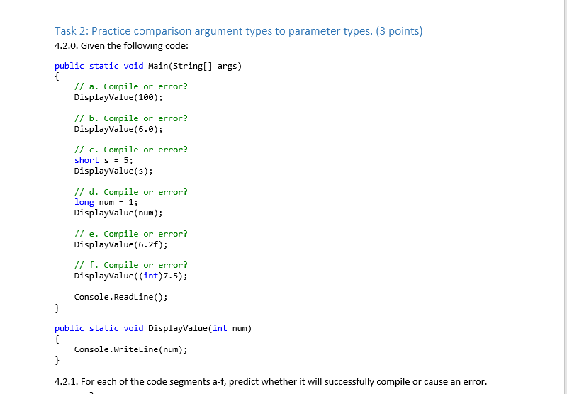 Solved { Task 2: Practice comparison argument types to | Chegg.com