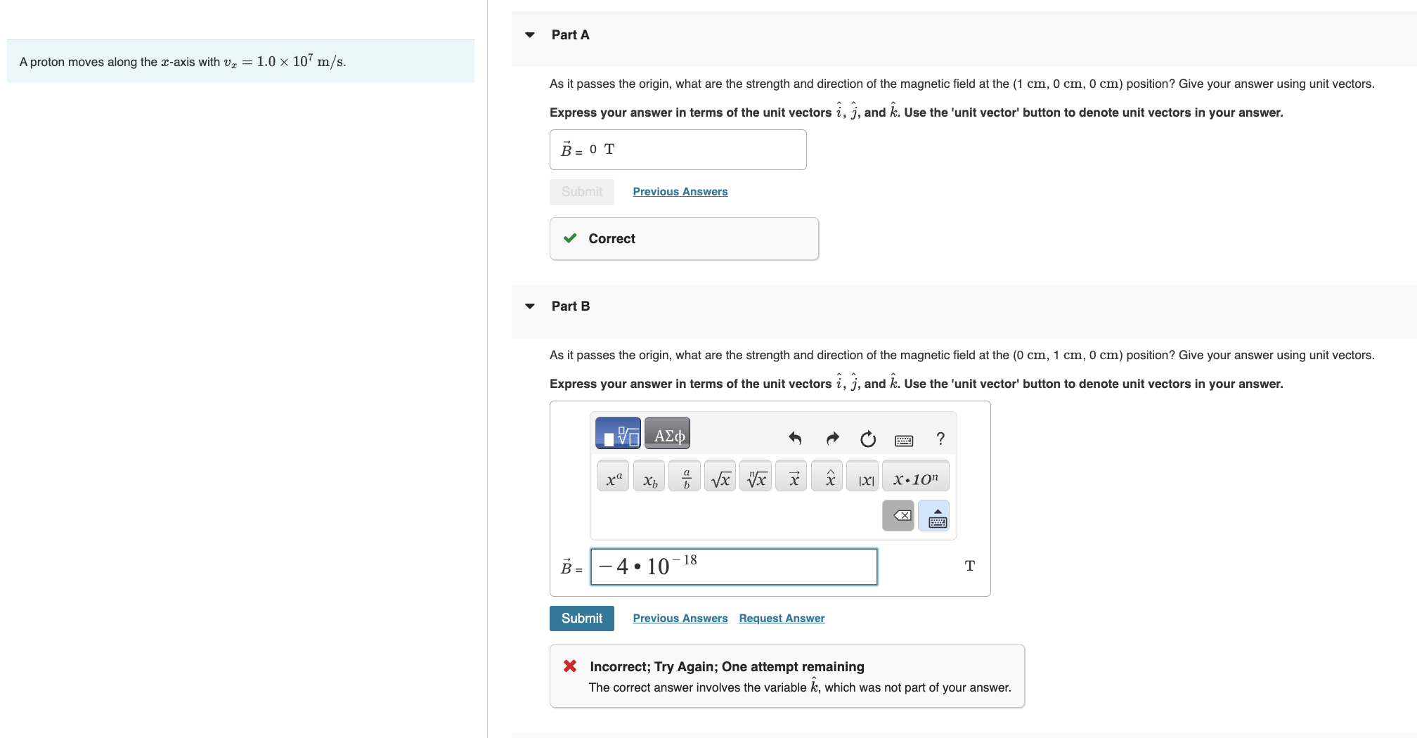Solved A proton moves along the x-axis with vx=1.0×107 m/s. | Chegg.com