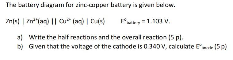 Solved The battery diagram for zinc-copper battery is given | Chegg.com