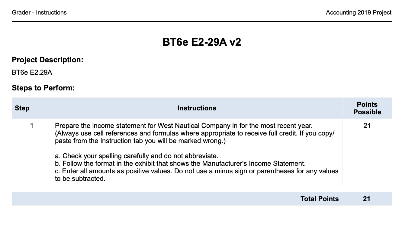Solved Grader - Instructions Accounting 2019 Project BT6e | Chegg.com