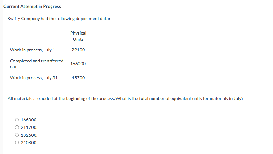 Solved Current Attempt in Progress Swifty Company had the | Chegg.com