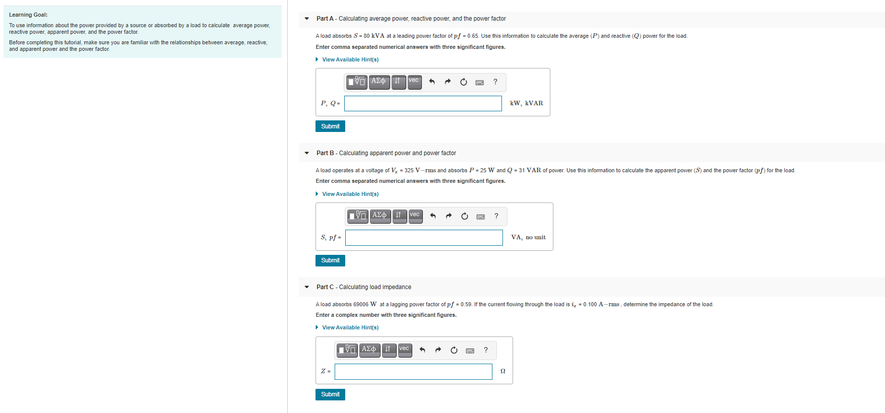 Solved Part A - Calculating average power, reactive power, | Chegg.com