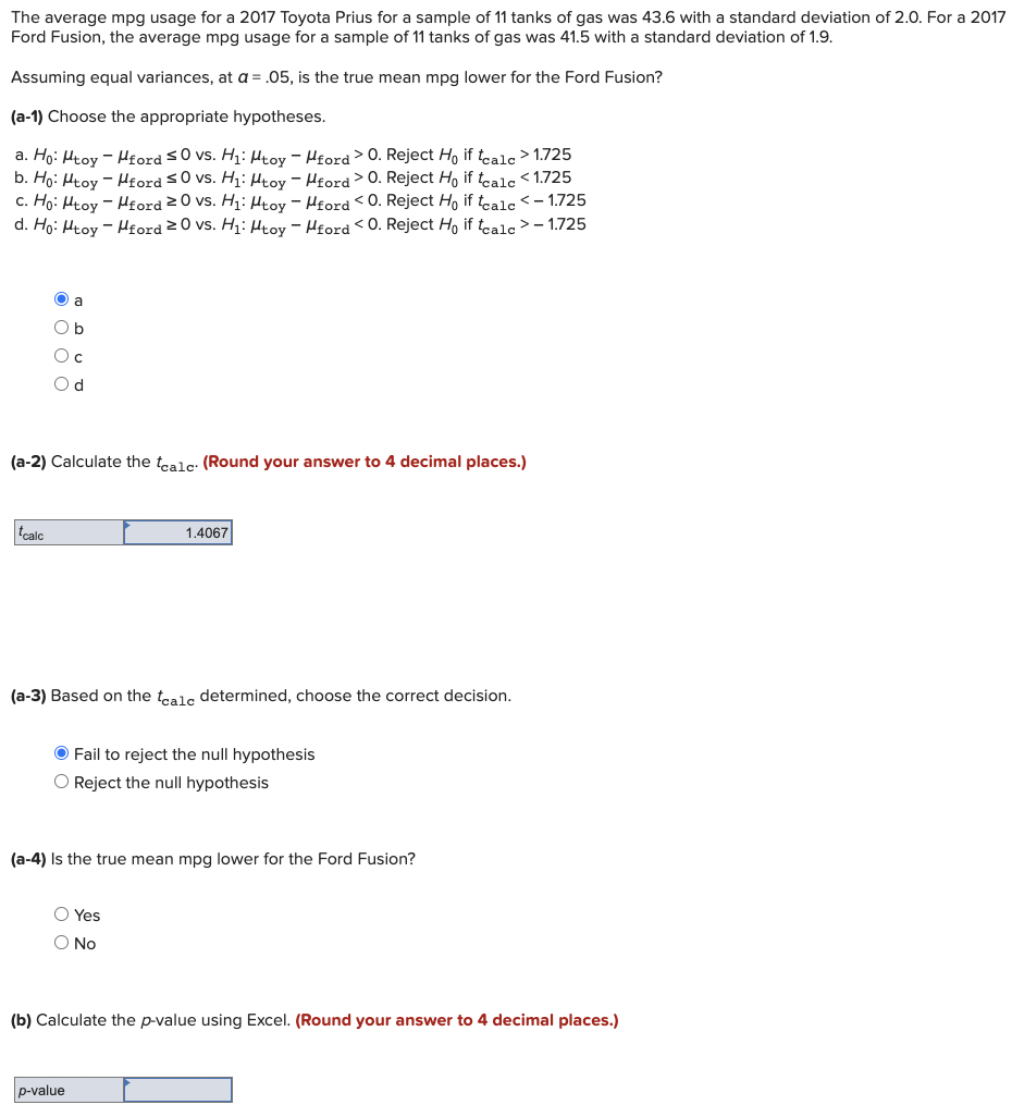 Solved The average mpg usage for a 2017 Toyota Prius for a | Chegg.com