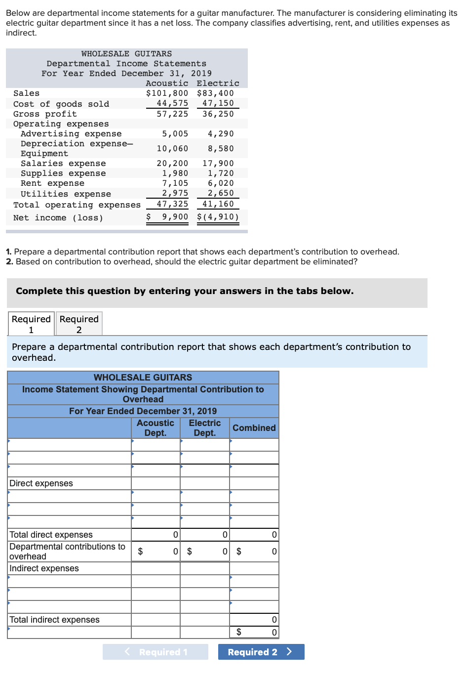 Solved Below are departmental income statements for a guitar | Chegg.com