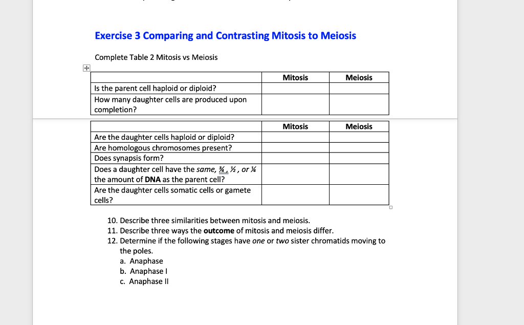 Solved Exercise 3 Comparing and Contrasting Mitosis to | Chegg.com