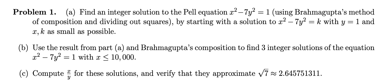 Solved = Problem 1. (a) Find an integer solution to the Pell | Chegg.com