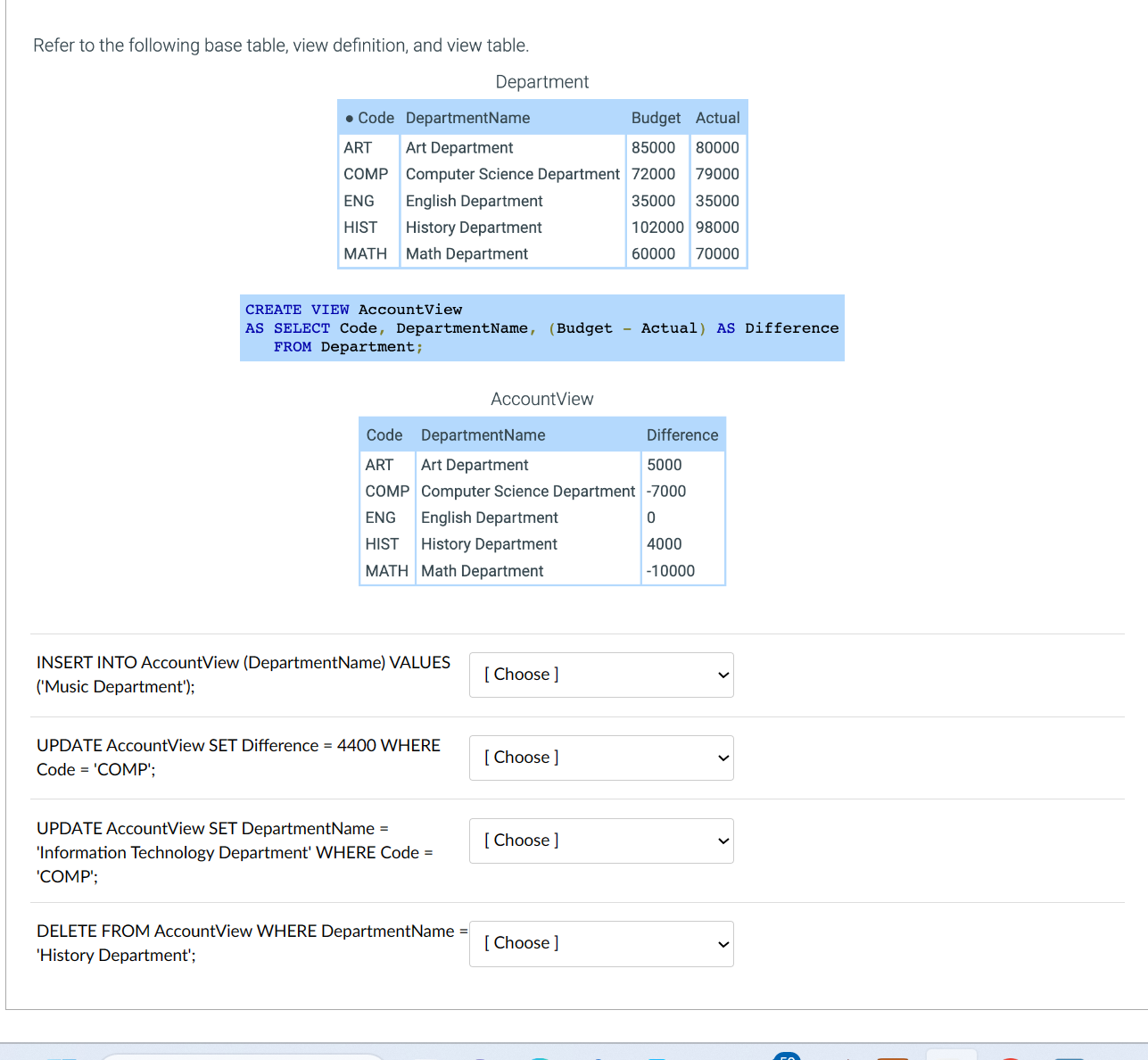 Solved Refer To The Following Base Table View Definition 