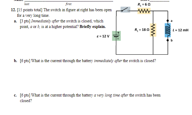 Solved 12. [ 15 points total] The switch in figure at right | Chegg.com
