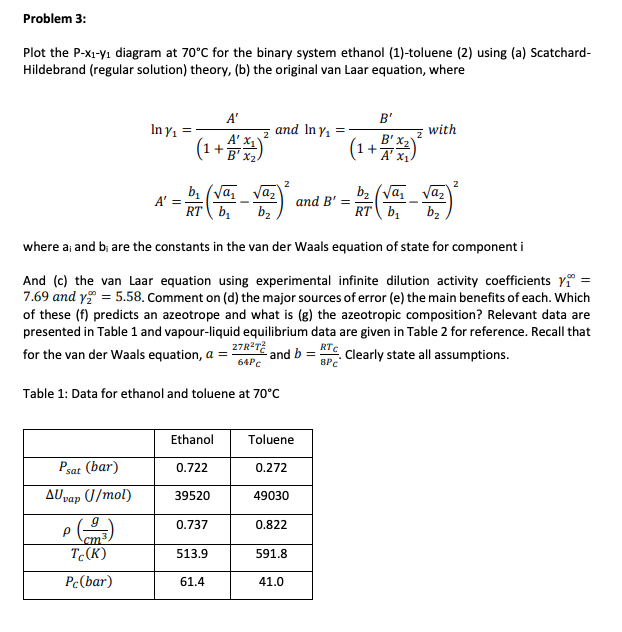 Problem 3: Plot the P-X1-y1 diagram at 70°C for the | Chegg.com