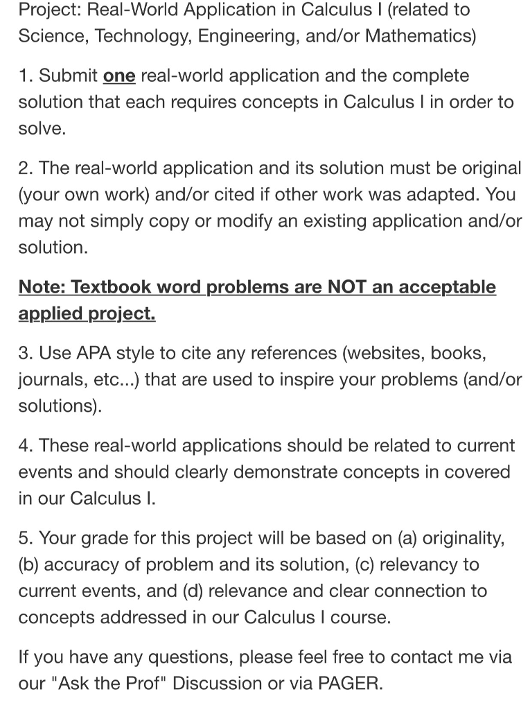 Solved Project: Real-World Application in Calculus I | Chegg.com