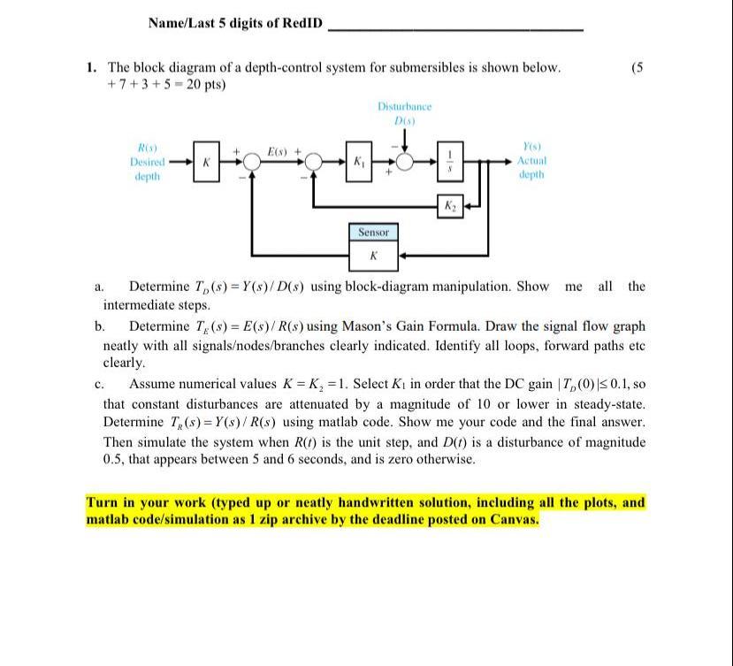 Solved Name/Last 5 digits of RedID (5 1. The block diagram | Chegg.com
