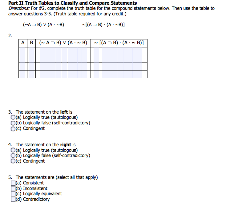 Solved Part II Truth Tables to Classify and Compare | Chegg.com