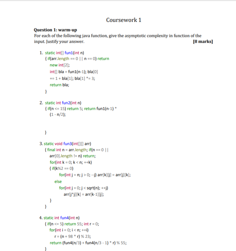 Solved Coursework 1 Question 1: warm-up For each of the | Chegg.com