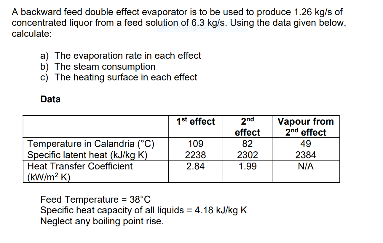 Solved A backward feed double effect evaporator is to be | Chegg.com