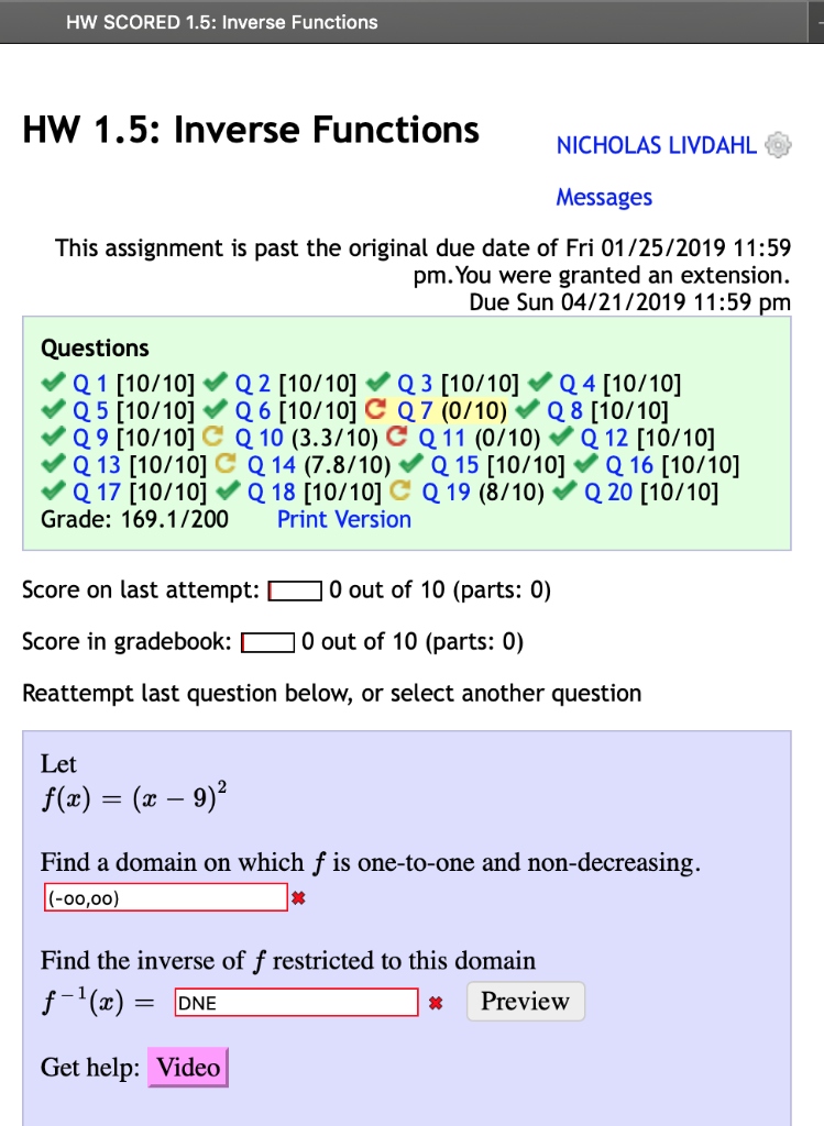 Solved HW SCORED 1.5: Inverse Functions HW 1.5: Inverse | Chegg.com