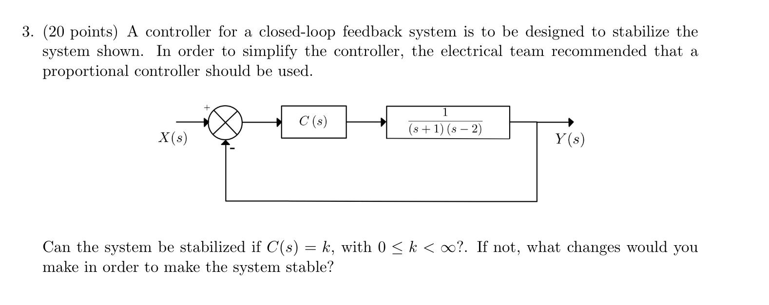Solved (20 points) A controller for a closed-loop feedback | Chegg.com