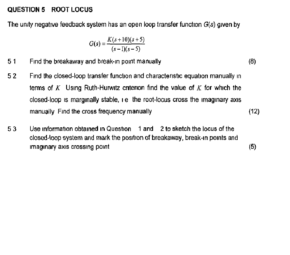 Solved QUESTION 5 ROOT LOCUS The unity negative feedback | Chegg.com