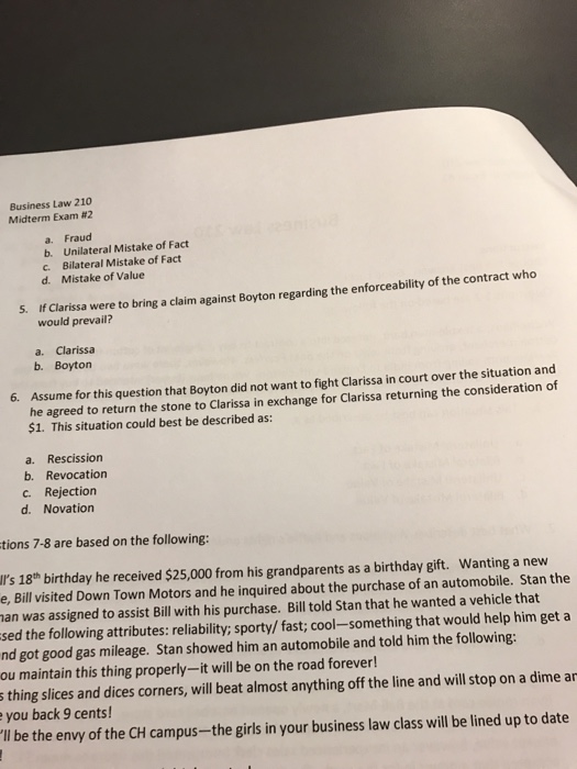 Solved Bilateral Mistake of value 2. What best describes | Chegg.com