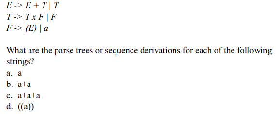 Solved E−>E+T∣TT−>TxF∣FF−>(E)∣a What are the parse trees or | Chegg.com