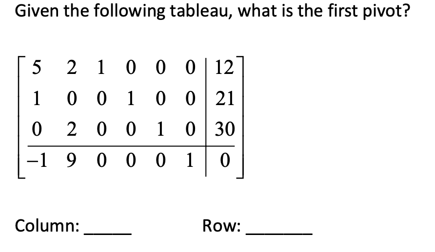 Solved Given the following tableau, what is the first pivot? | Chegg.com