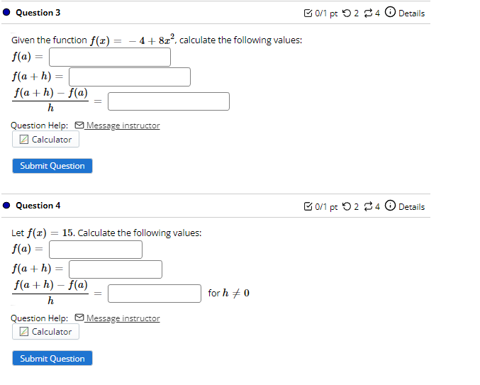 Solved Given the function f(x)=−4+8x2, calculate the | Chegg.com