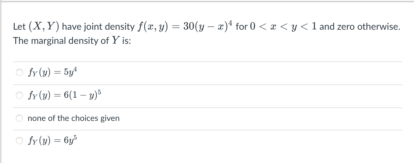 Solved Let (X,Y) have joint density f(x,y)=30(y−x)4 for 0 | Chegg.com Solved Let (X,Y) have joint density f(x,y)=30(y−x)4 for 0 | Chegg.com