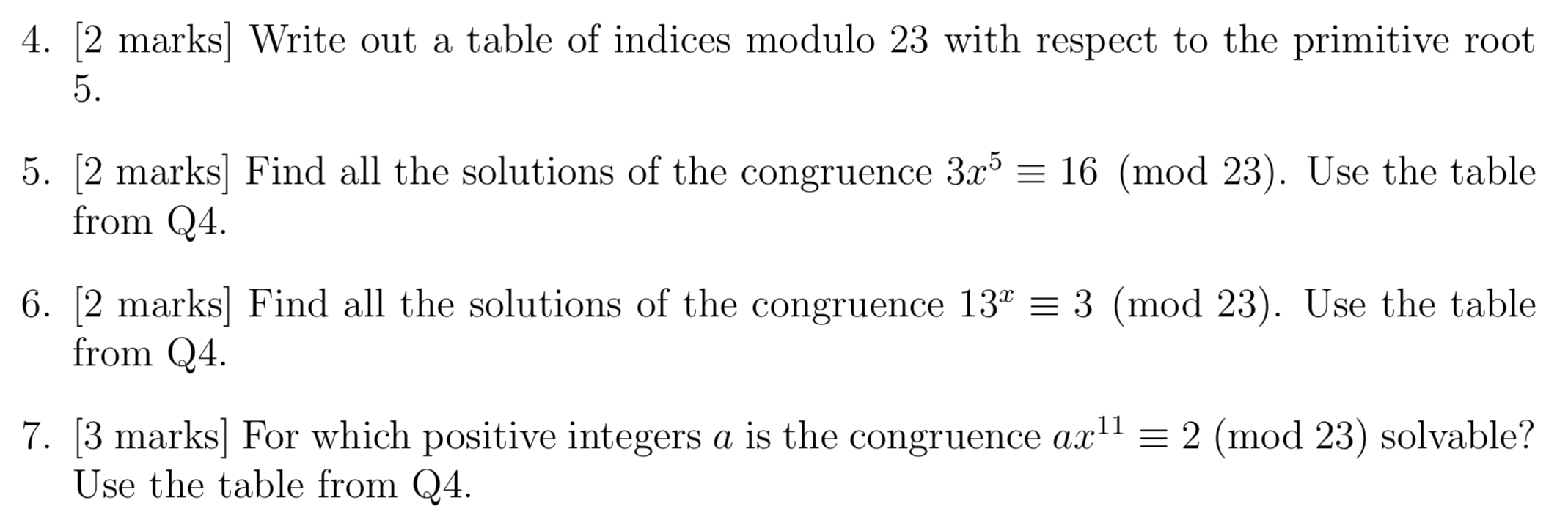 Solved 4. [2 marks] Write out a table of indices modulo 23 | Chegg.com