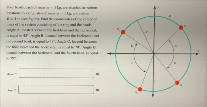 Solved Four beads, cach of mass m 1 kg, are attached at | Chegg.com