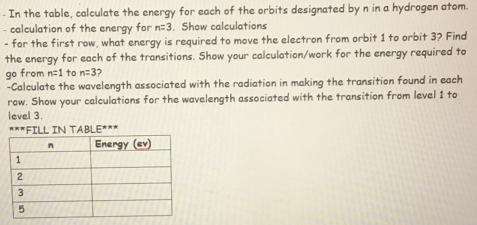 Solved In the table, calculate the energy for each of the | Chegg.com