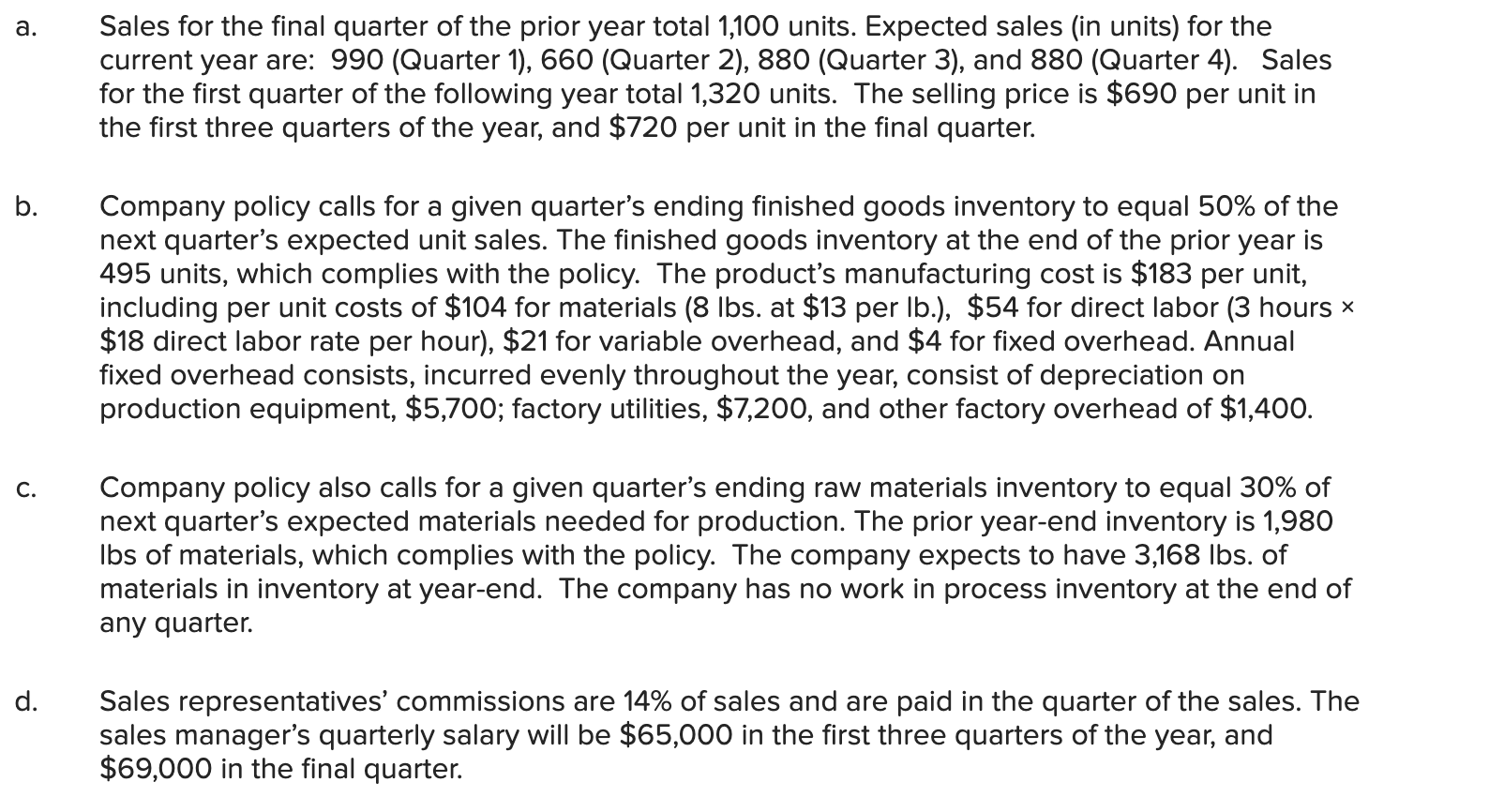 Solved a. Sales for the final quarter of the prior year | Chegg.com